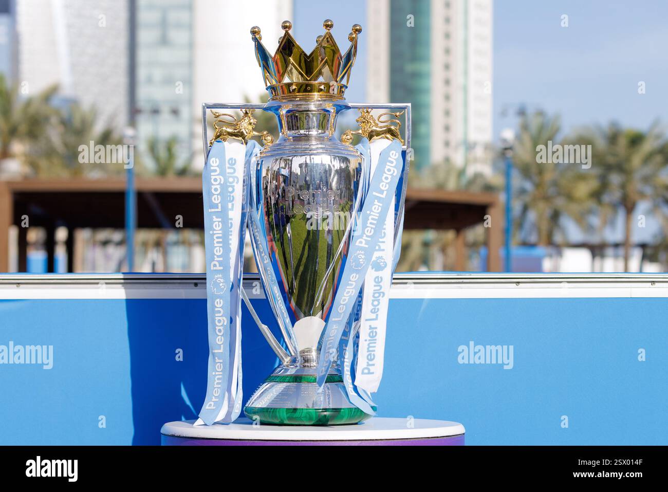 Doha, Qatar. 22nd Feb, 2025. The Premier League trophy present in Doha ...