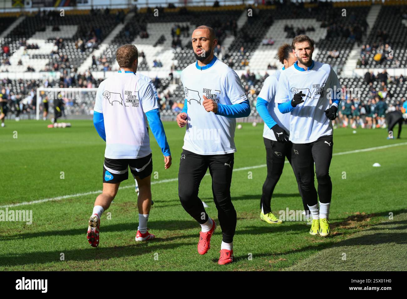 Kemar Roofe of Derby County warms up ahead of kick-off during the Sky ...