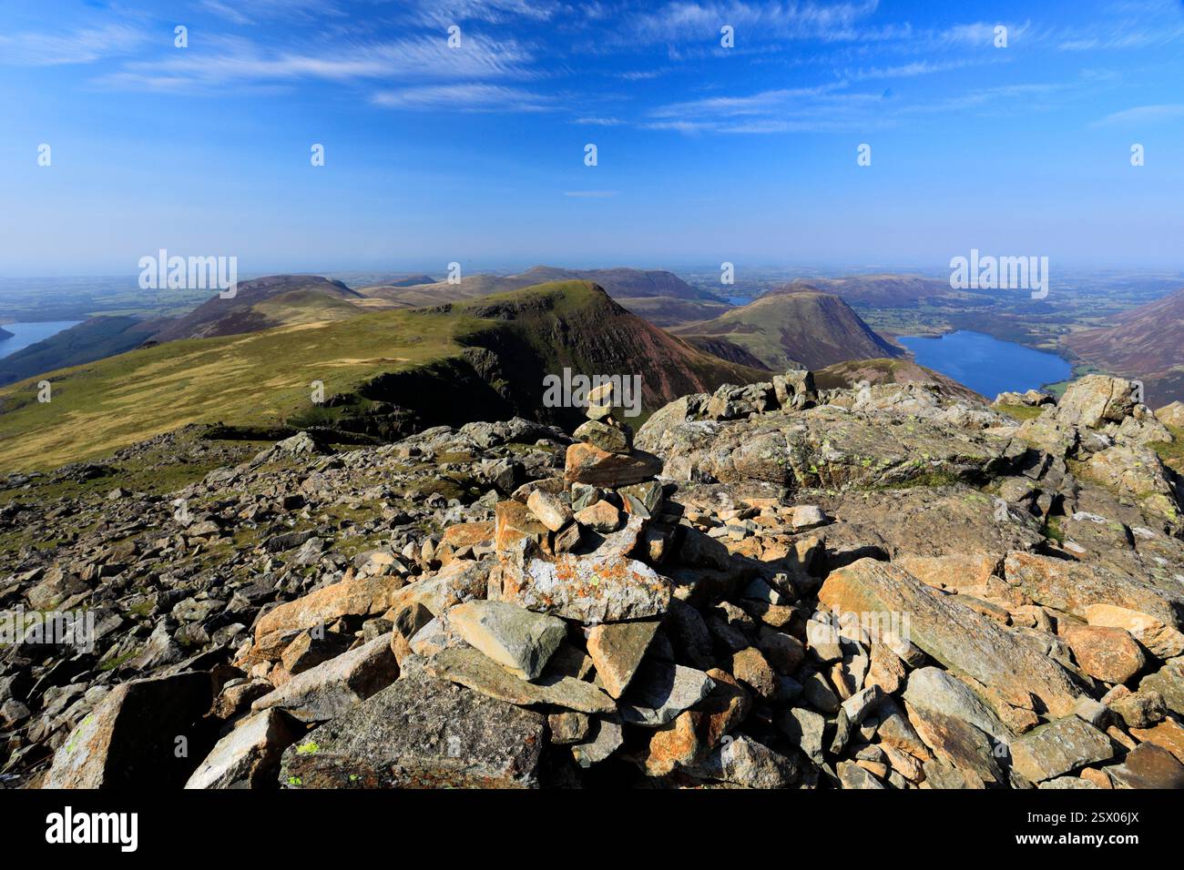 The summit cairn of High Stile fell above Buttermere, Lake District ...