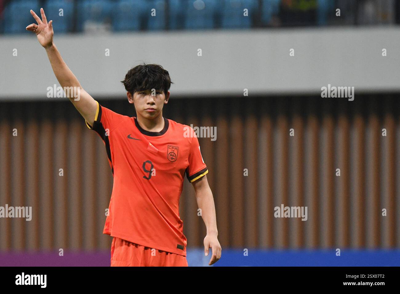 Shenzhen, China. 22 February, 2025. Chengyu Liu #9 of China during the 2025 AFC U20 Asian Cup ...