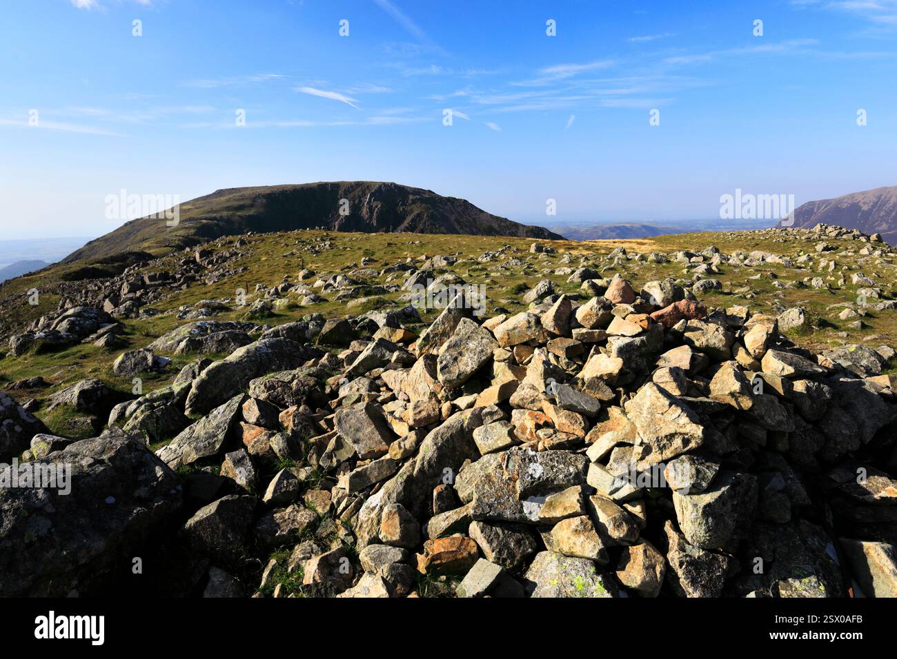 The summit cairn of High Crag fell above Buttermere, Lake District ...