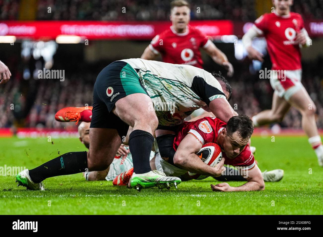 Tomos Williams of Wales scrambles for the line during the 2025 Guinness 6 Nations match Wales vs ...