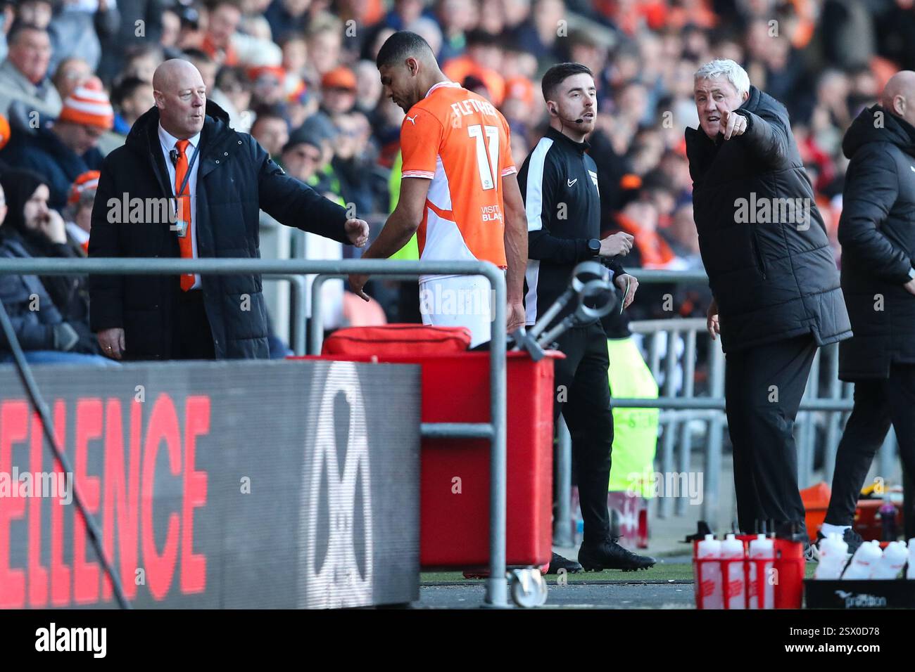 Steve Bruce head coach of Blackpool appeals tp fourth official Matthew ...