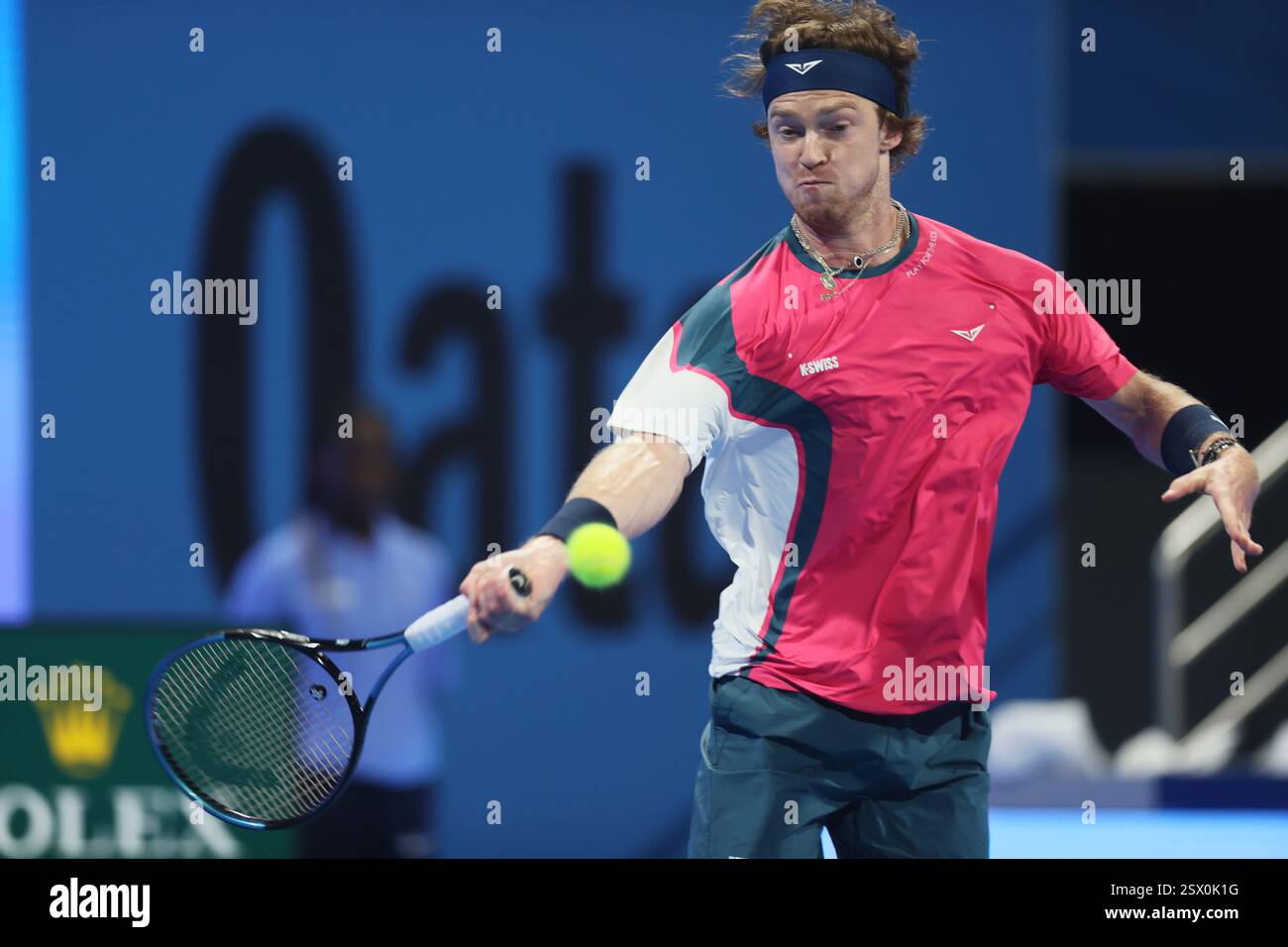 Russia's Andrey Rublev plays a shot against Britain's Jack Draper ...