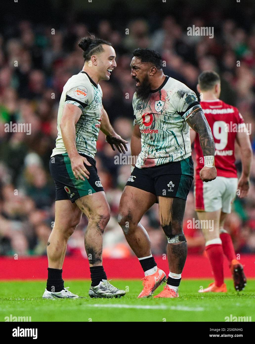 Ireland's James Lowe and Bundee Aki celebrate winning a penalty during the Guinness Men's Six ...
