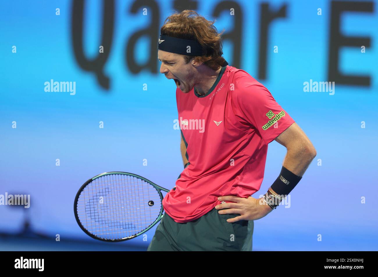 Russia's Andrey Rublev reacts during the final match of the Qatar Open tennis tournament against ...
