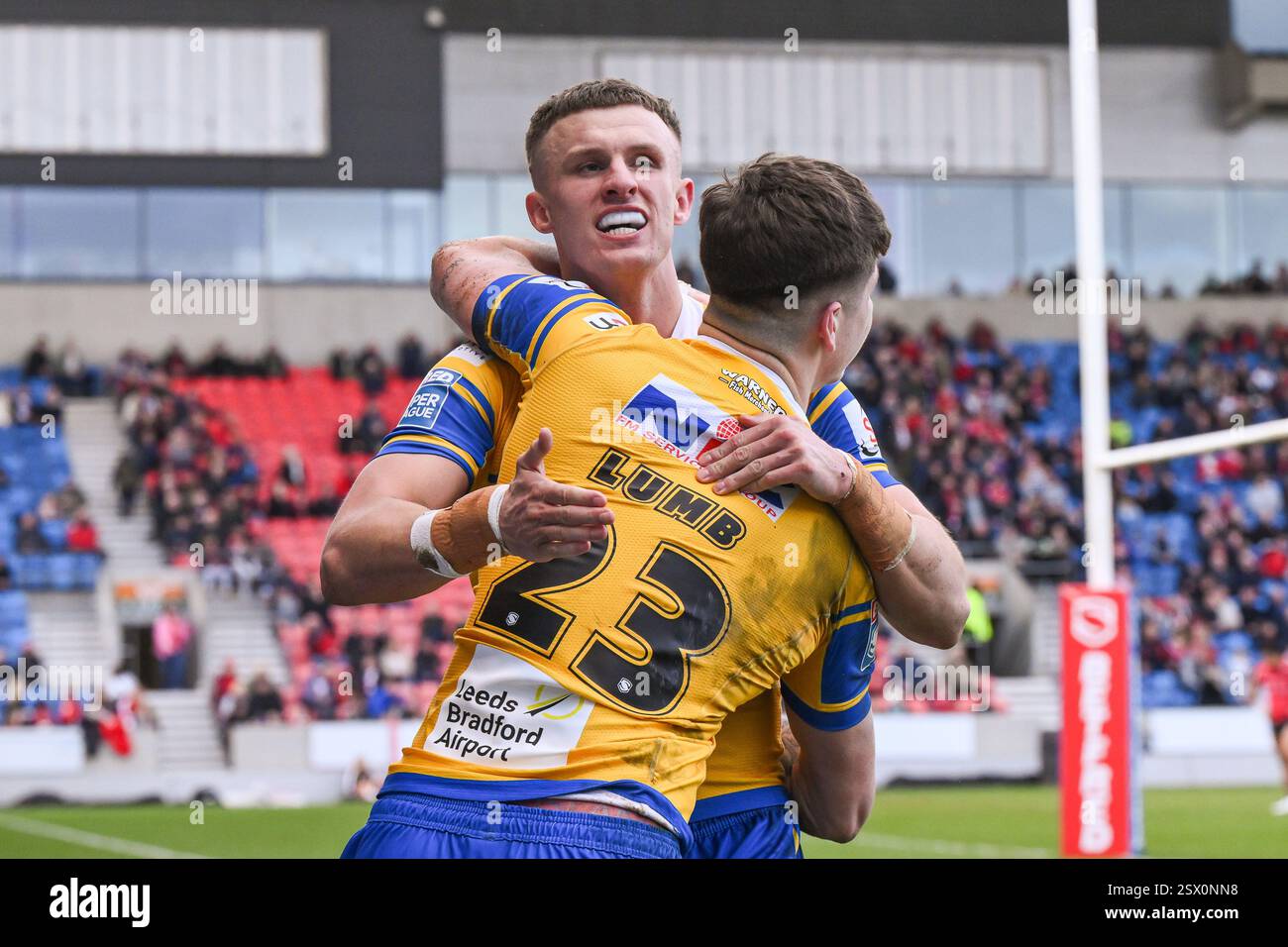 Riley Lumb of Leeds Rhinos celebrates his try during the Betfred Super ...