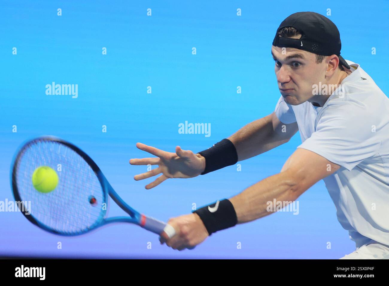 Britain's Jack Draper plays a shot against Russia's Andrey Rublev during the final match of the ...
