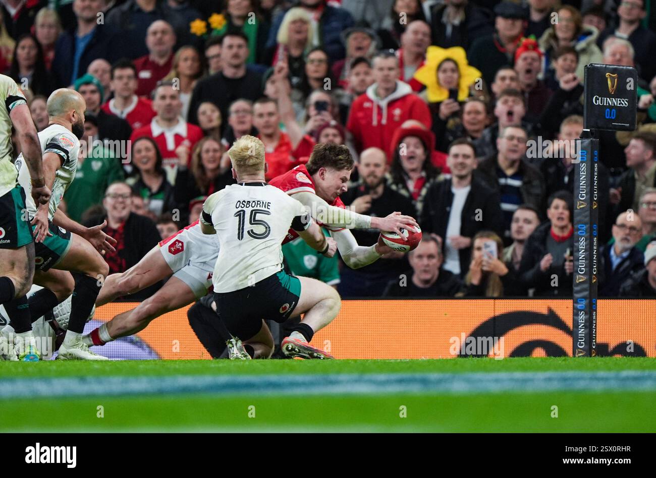 Wales' Ellis Mee falls short of the try line during the Guinness Men's Six Nations match at the ...