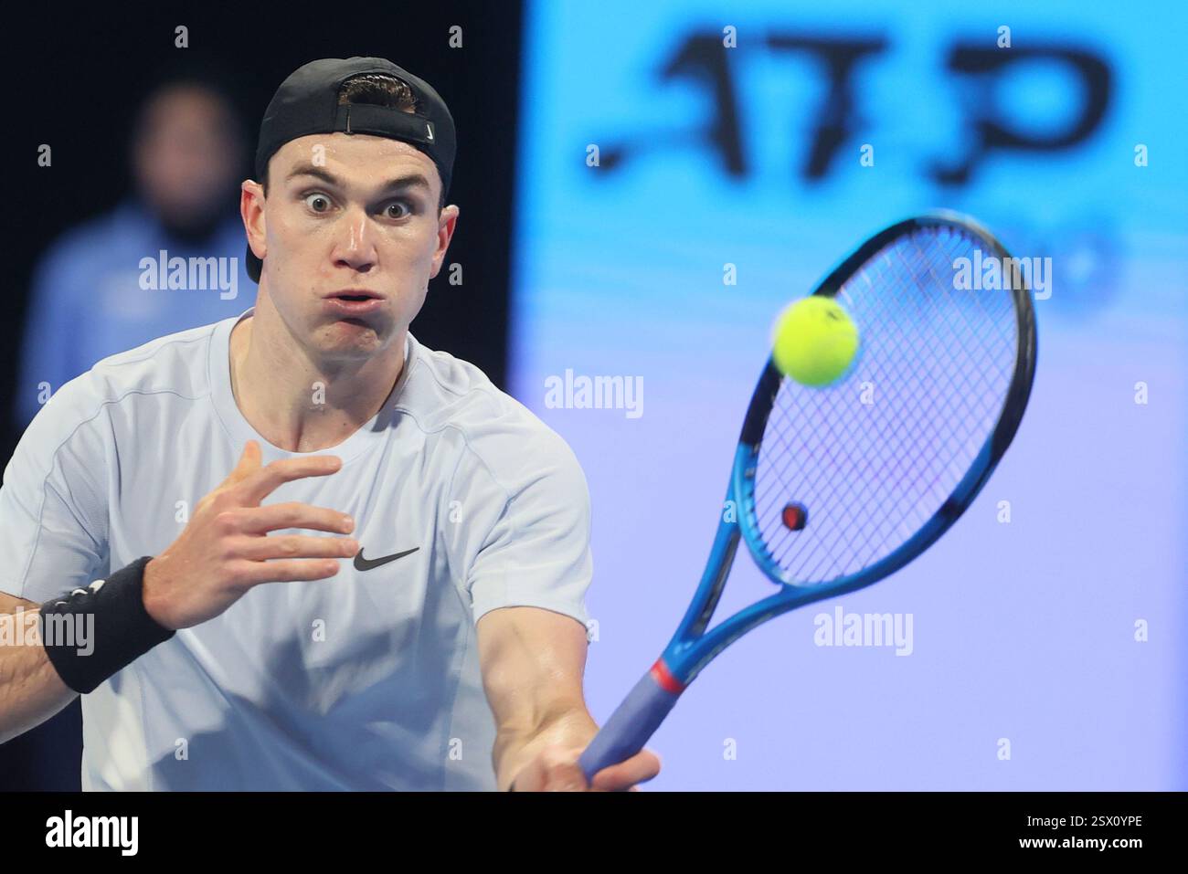 Britain's Jack Draper plays a shot against Russia's Andrey Rublev during the final match of the ...