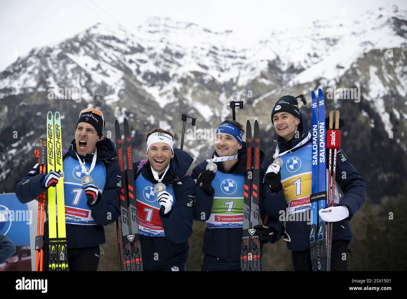 Silver medalists France team, Quentin Fillon Maillet, Emilien Claude ...