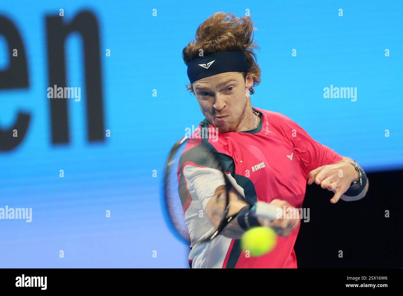 Russia's Andrey Rublev plays a shot against Britain's Jack Draper ...