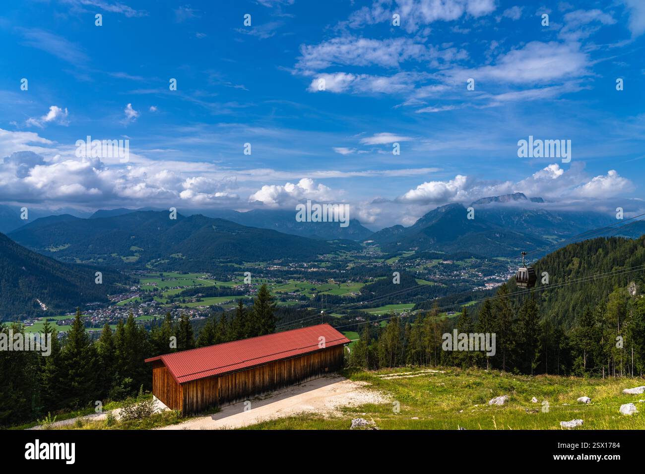 Aerial panorama view of Schoenau town on the lake side of Koenigssee ...