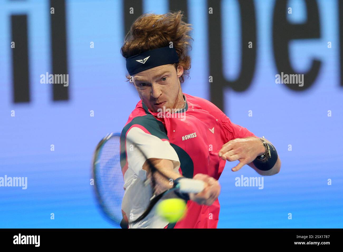 Russia's Andrey Rublev plays a shot against Britain's Jack Draper during the final match of the ...