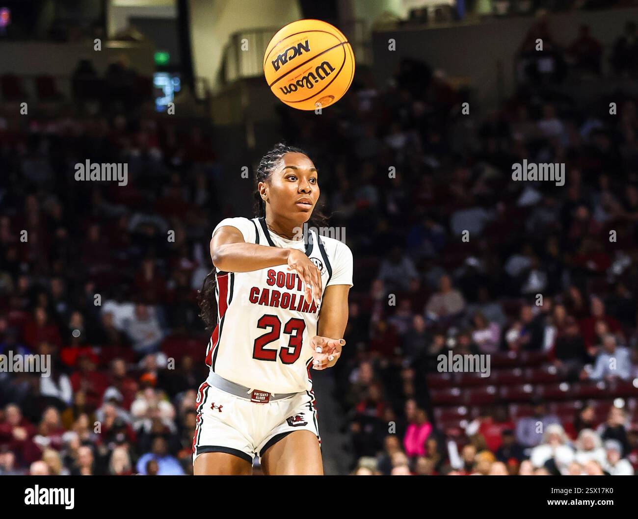 February 20, 2025: South Carolina guard Bree Hall (23) passes the ball ...