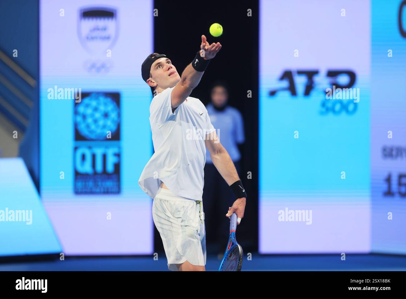 Britain's Jack Draper serves against Russia's Andrey Rublev during the ...