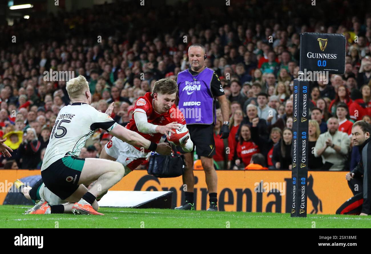 Cardiff, UK. 22nd Feb, 2025. Ellis Mee of Wales ‘scores ‘ a try late in the game but it is ...
