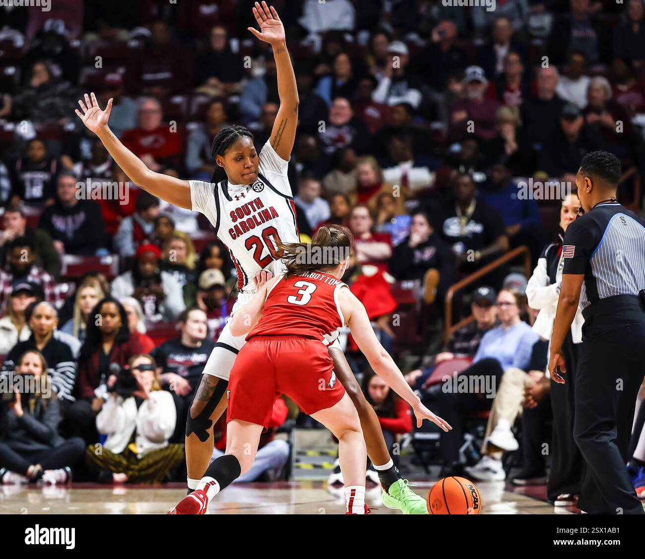 February 20, 2025: South Carolina forward Sania Feagin (20) defends ...
