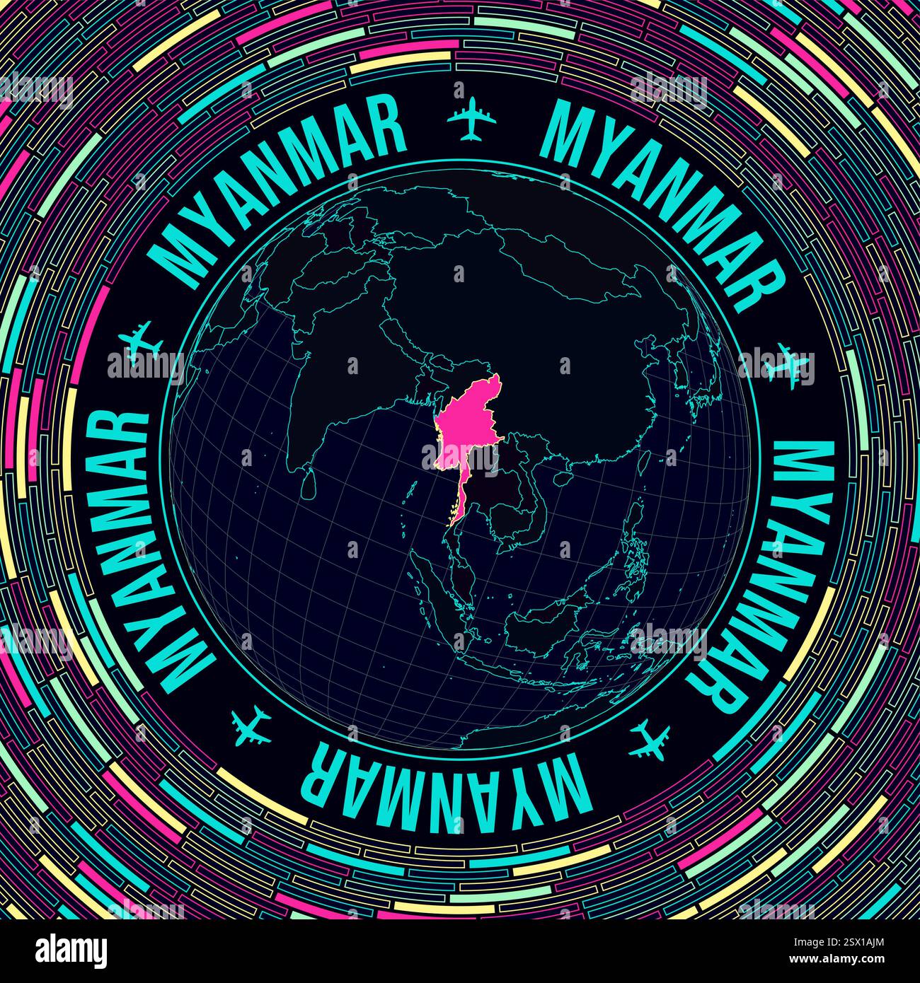 Myanmar on globe. Satellite view of the world centered to Myanmar ...