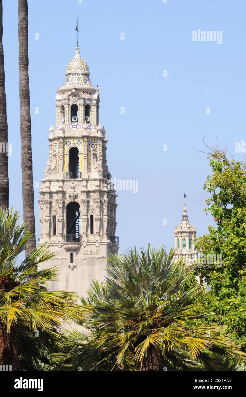 Historic towers rise amidst lush greenery in sunny Balboa Park, San ...