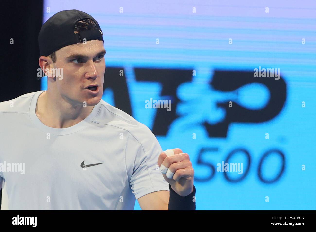 Britain's Jack Draper reacts during the final match of the Qatar Open ...