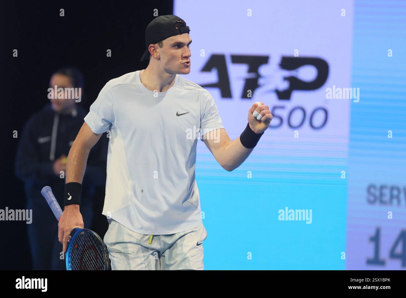 Britain's Jack Draper reacts during the final match of the Qatar Open tennis tournament against ...