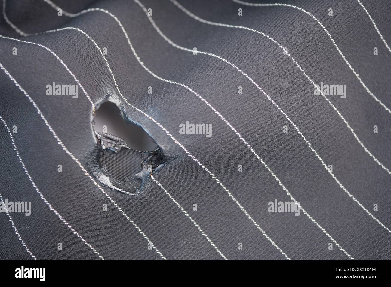 Torn fabric with pinstripes revealing a damaged area during use Stock ...