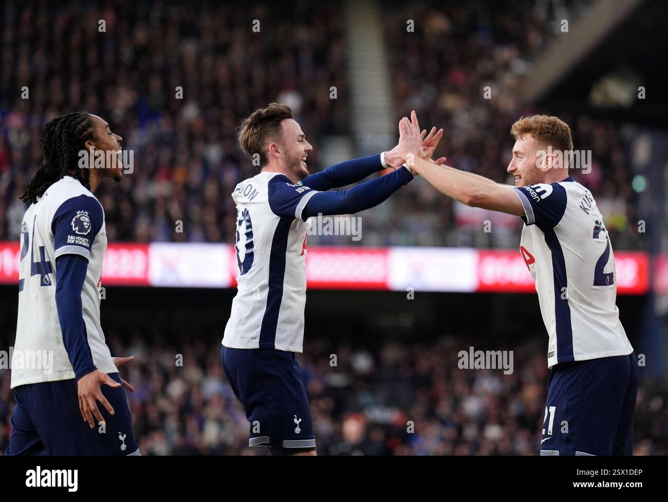 Tottenham Hotspur's Dejan Kulusevski (right) celebrates scoring their ...