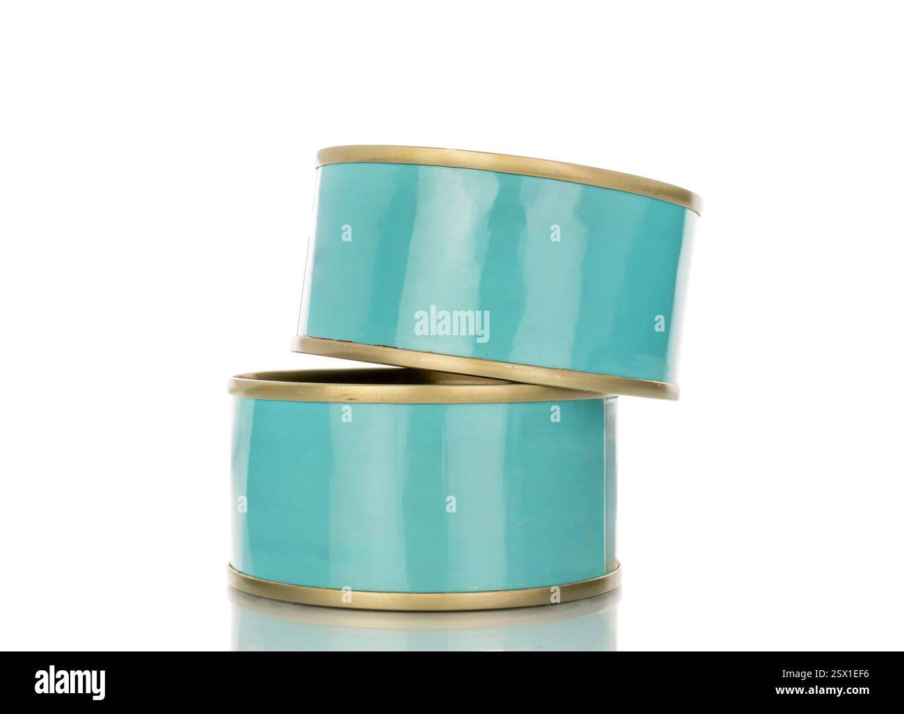 Two metal cans of tuna, close-up, isolated on a white background Stock ...