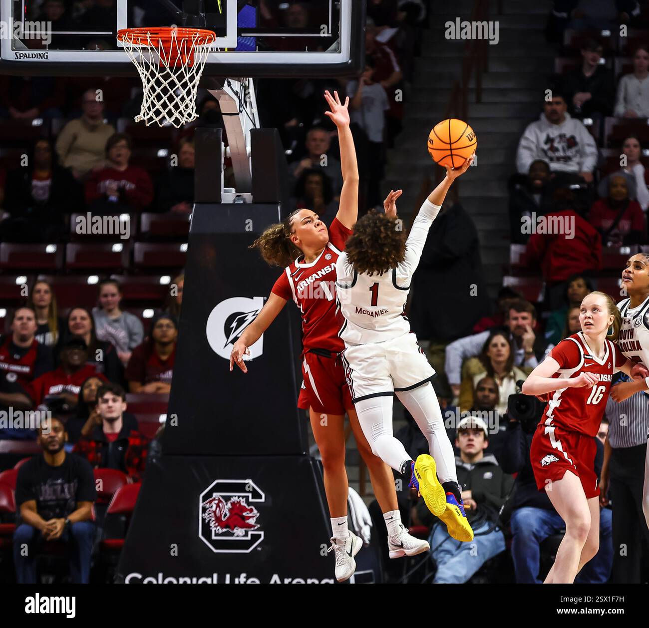 February 20, 2025: South Carolina guard Maddy McDaniel (1) goes up for layup in front of ...