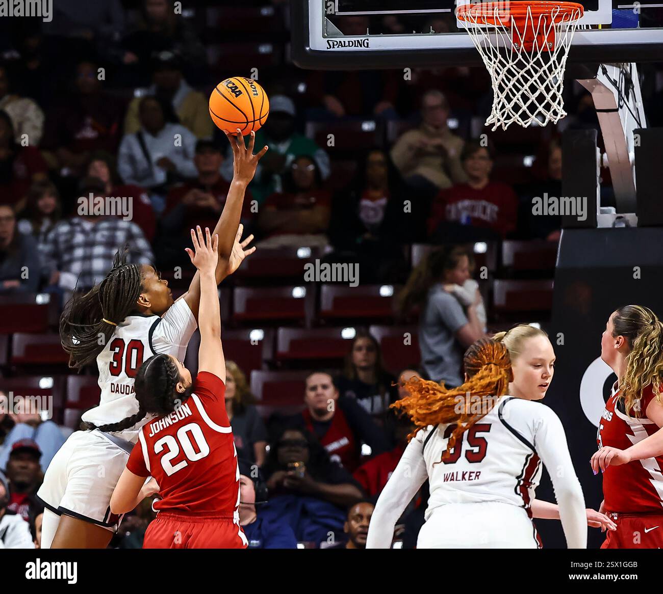 February 20, 2025: South Carolina forward Maryam Dauda (30) goes up for ...