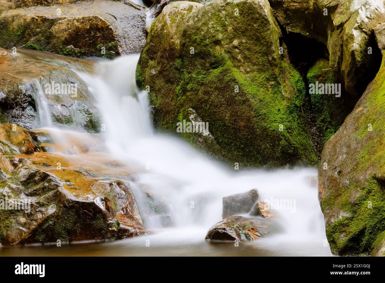 Stream of water is flowing over rocks. The water is clear and the rocks ...