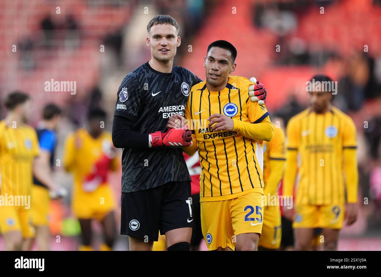 Brighton and Hove Albion goalkeeper Bart Verbruggen and Diego Gomez ...