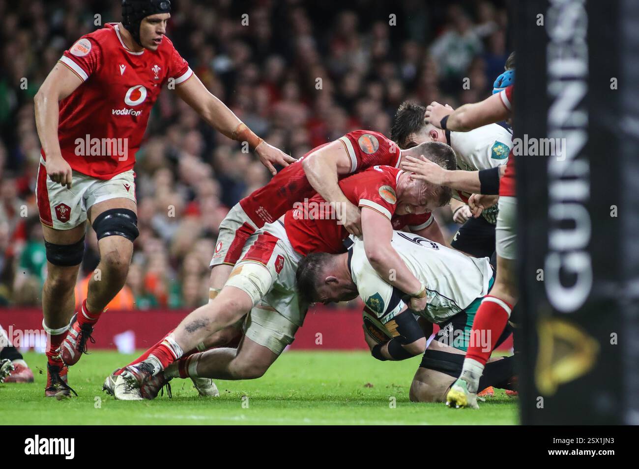 Peter O’Mahony of Ireland is tackled by Tommy Reffell of Wales during the 2025 Guinness 6 ...