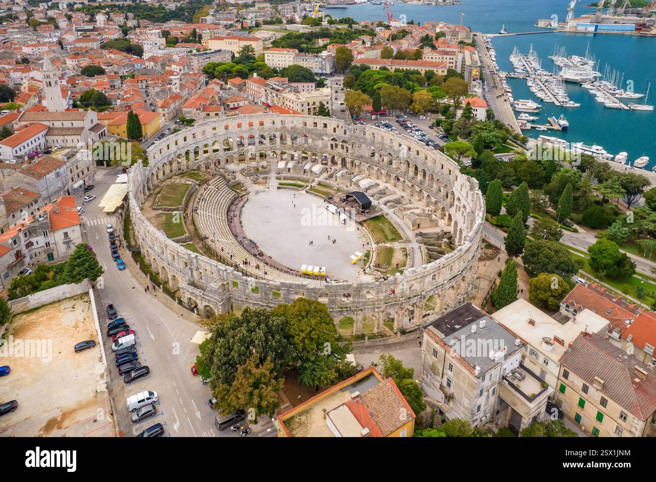 Aerial view of the historic Roman Amphitheatre of Pula, Croatia Stock ...