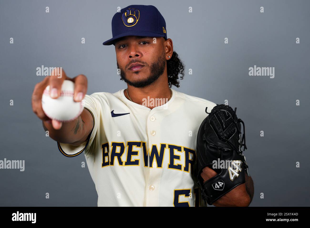 This is a 2025 photo of pitcher Freddy Peralta of the Milwaukee Brewers baseball team. This ...