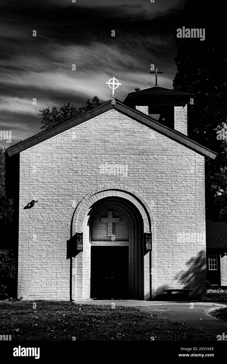 A black and white film noir style photo of a church building in Bishop ...