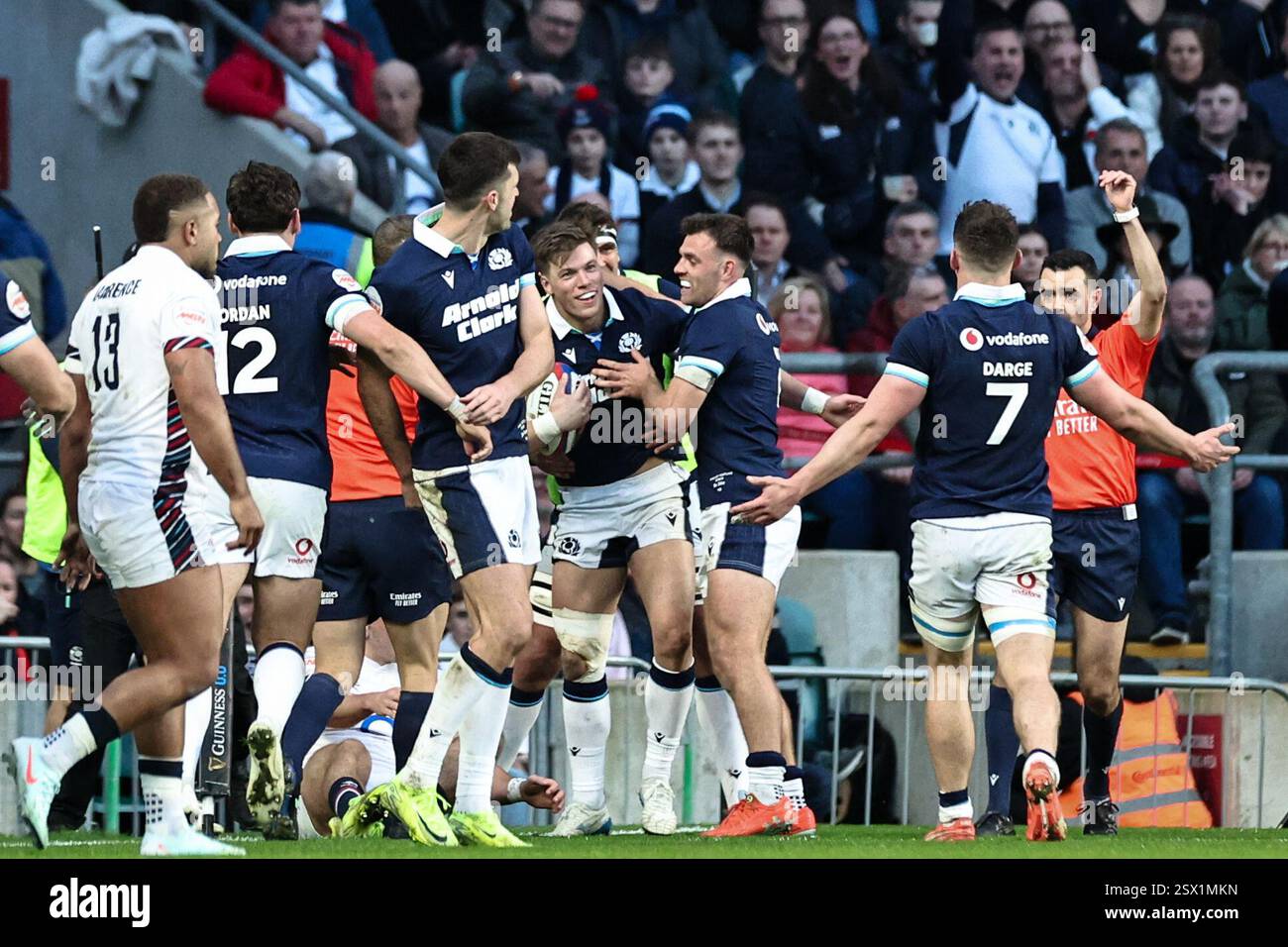 Huw Jones of Scotland celebrates his try during the 2025 Guinness 6 ...