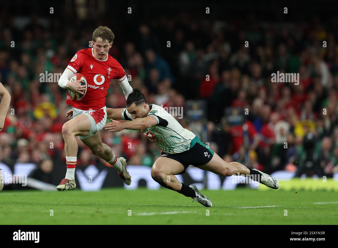 Cardiff, UK. 22nd Feb, 2025. Ellis Mee of Wales makes a break past James Lowe of Ireland ...