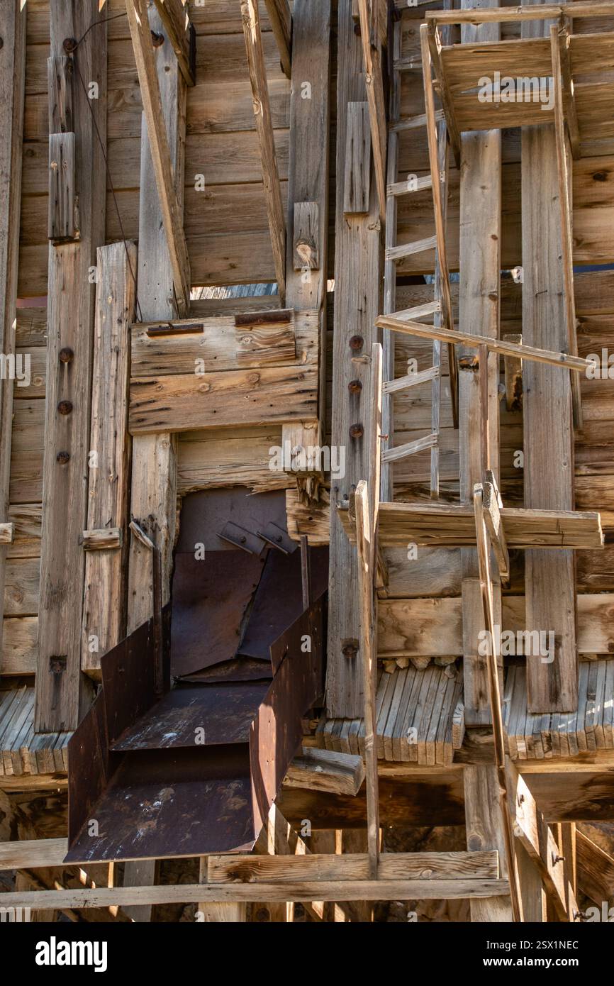 The abstract architecture of an old ore storage and loading bin at the ...