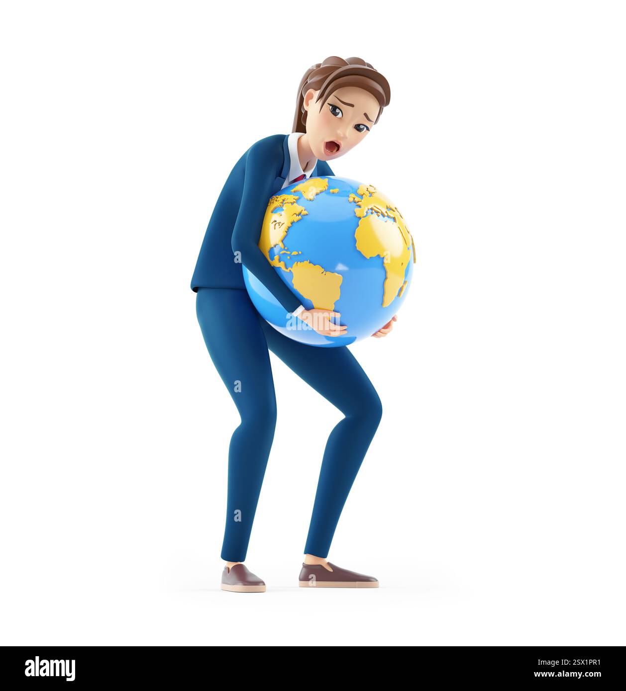 3d cartoon businesswoman lifting heavy earth, illustration isolated on ...
