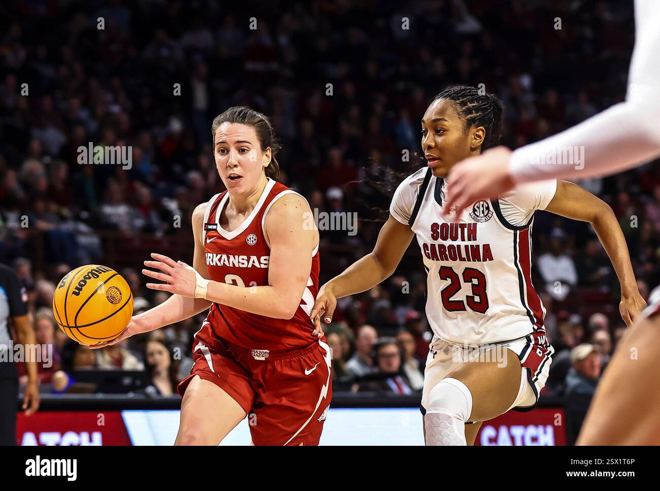 February 20, 2025: Arkansas guard Izzy Higginbottom (3) drives to the ...