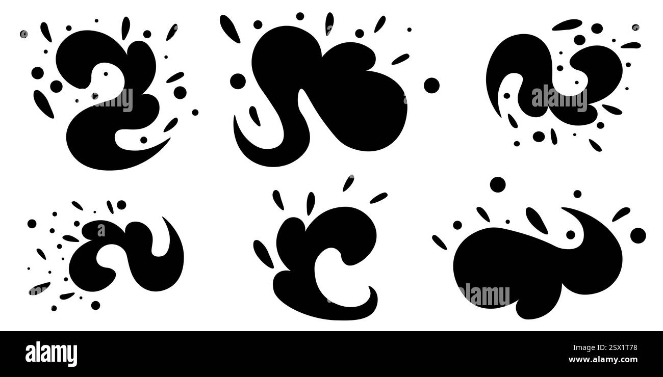 Set of Abstract Black Shapes with Decorative Splash Patterns Stock ...