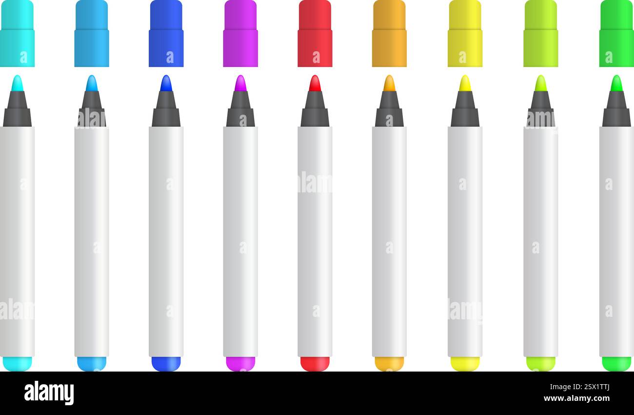 Brightly colored markers organized in a straight line. Vector ...