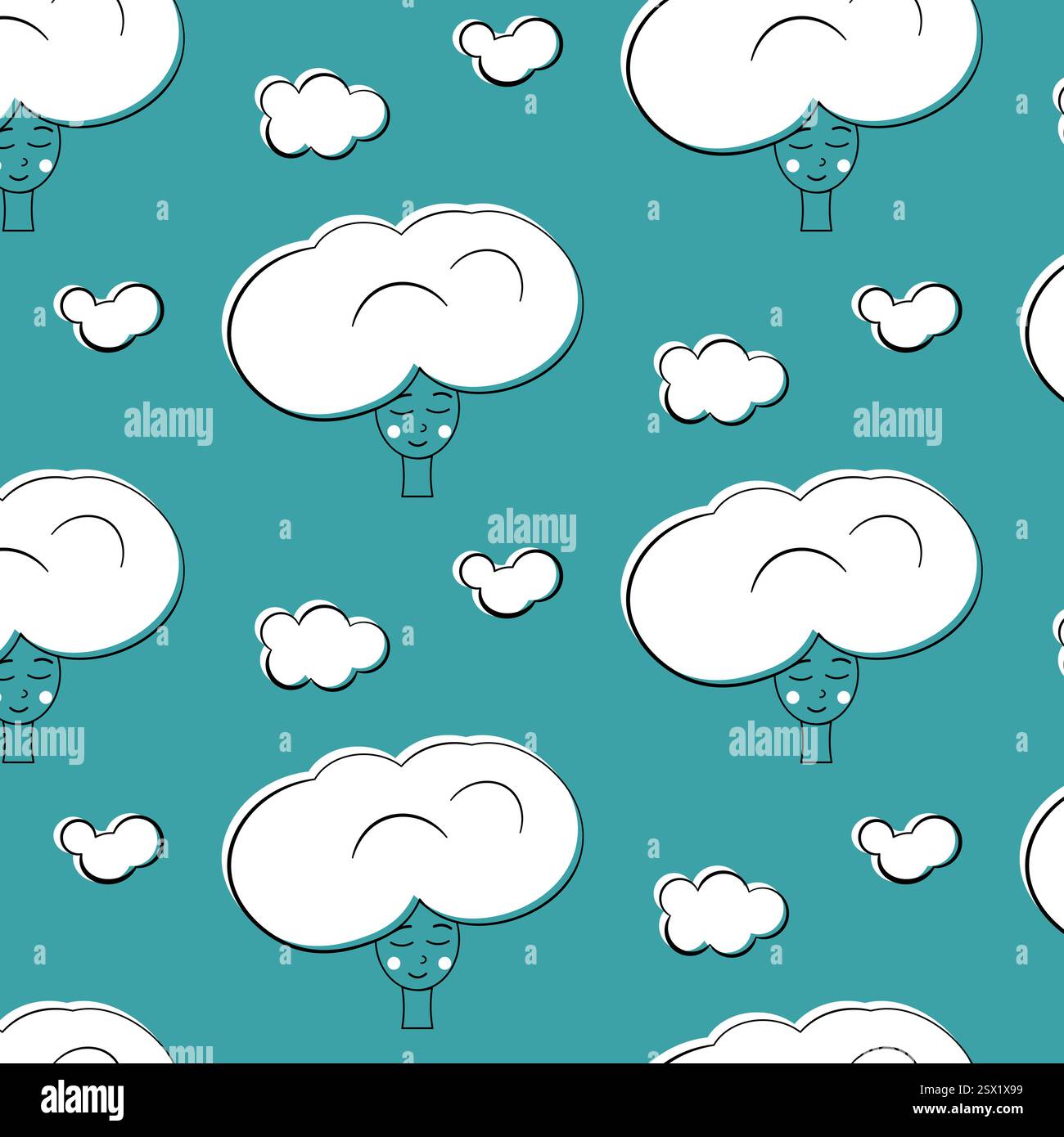 Seamless Pattern of Whimsical Cloud Faces on Turquoise Background Stock ...