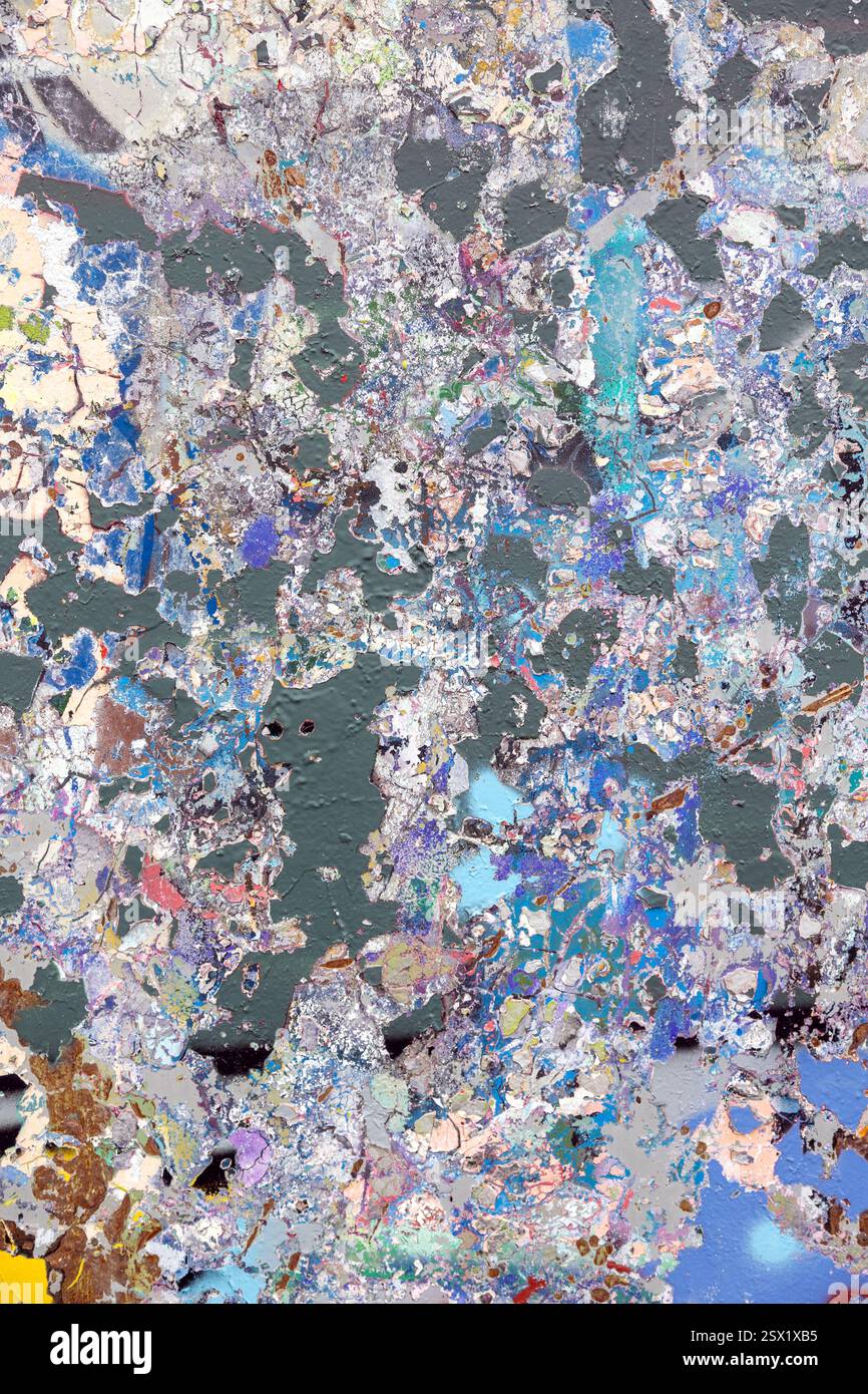 Abstract textured painting with layers of peeling paint in cool and ...