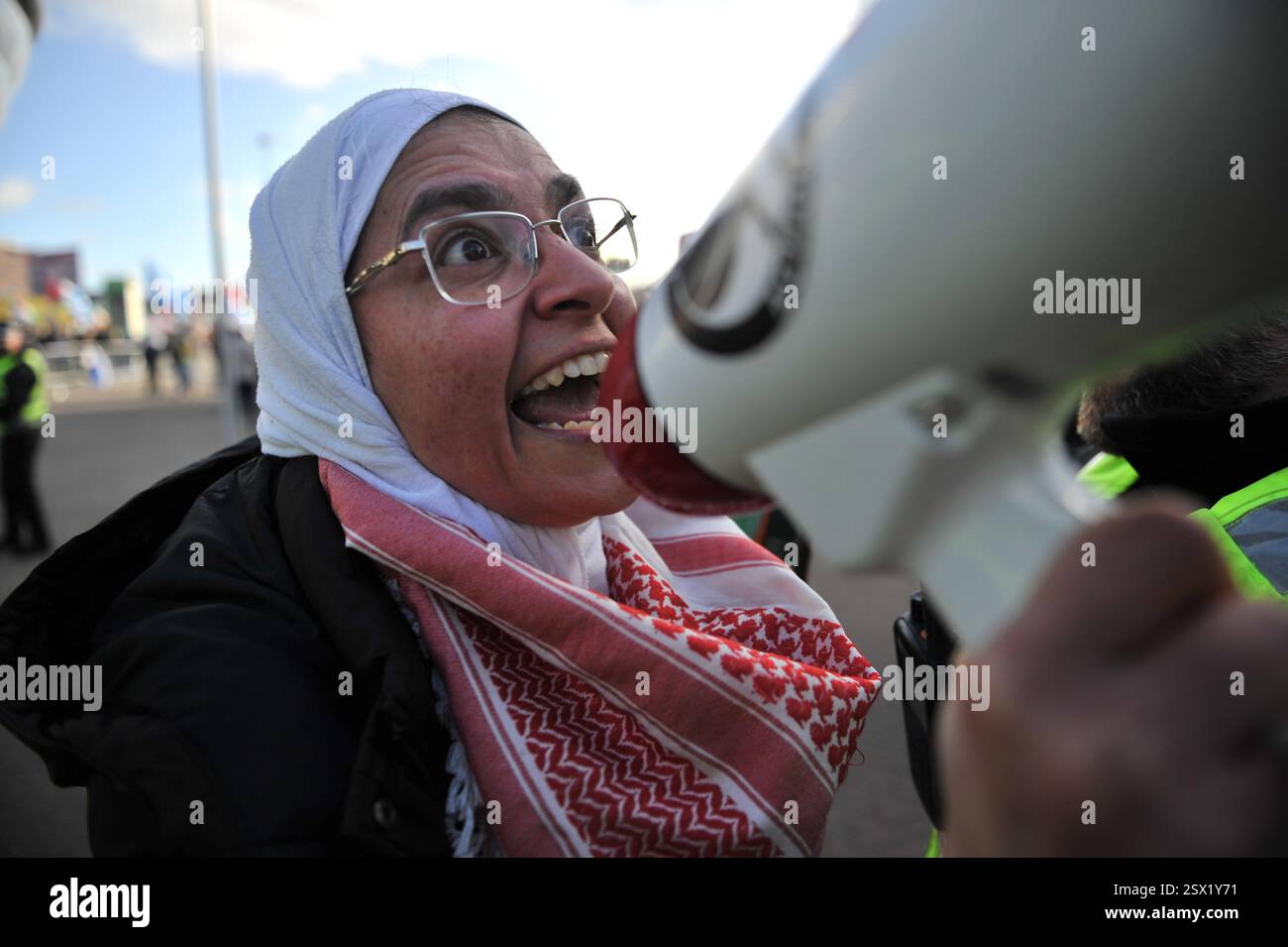Glasgow, UK. 22nd Feb, 2025 - A protester is seen shouting at the SEC ...
