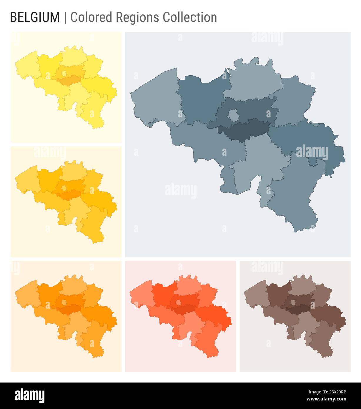 Belgium map collection. Country shape with colored regions. Blue Grey ...