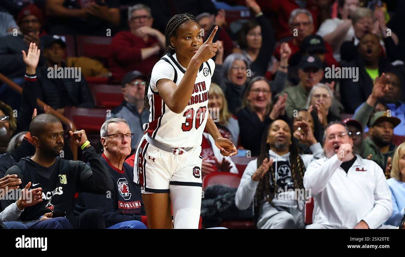 February 20, 2025: South Carolina forward Maryam Dauda (30) celebrates ...