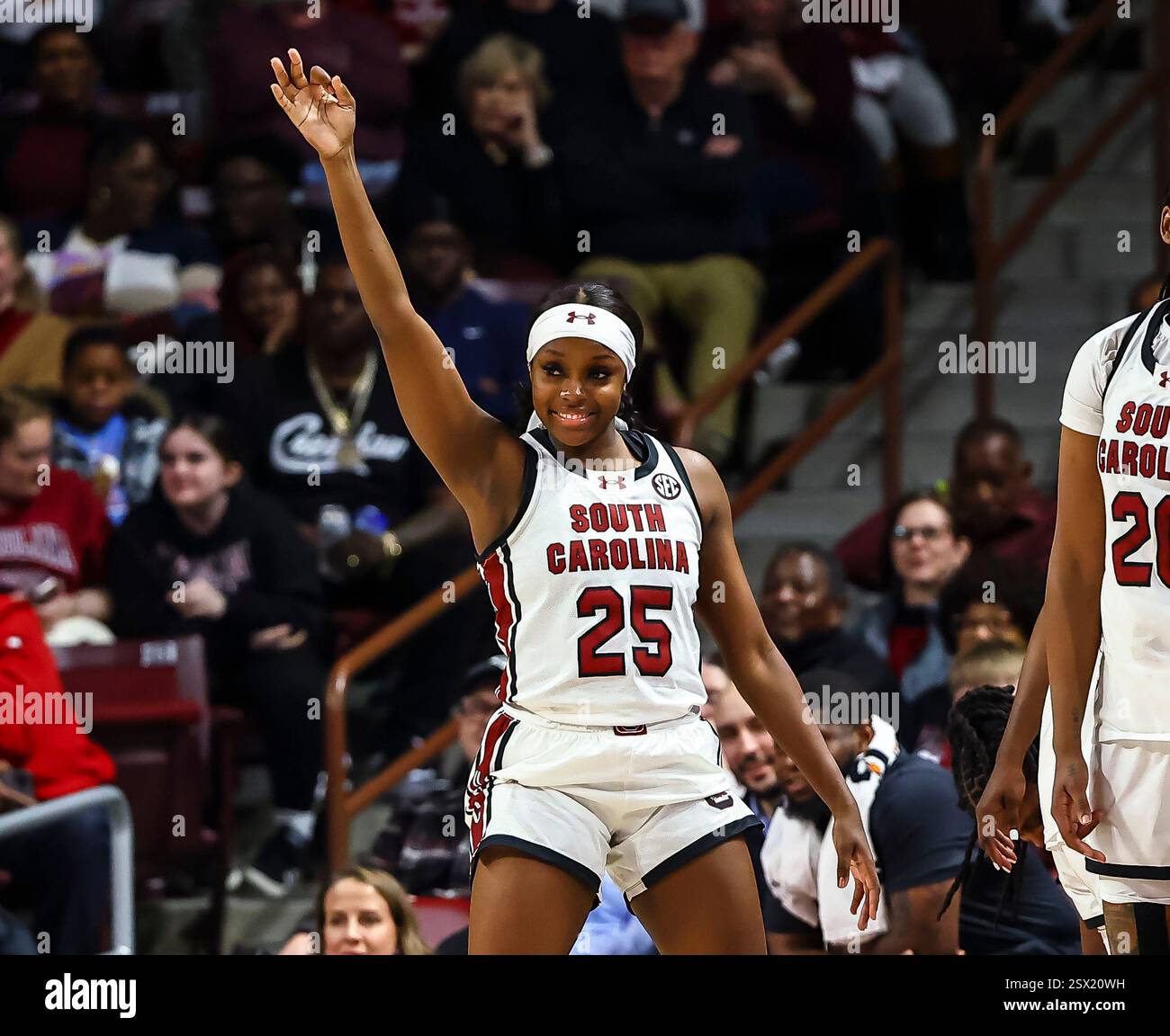 February 20, 2025: South Carolina guard Bree Hall (23) celebrates point ...